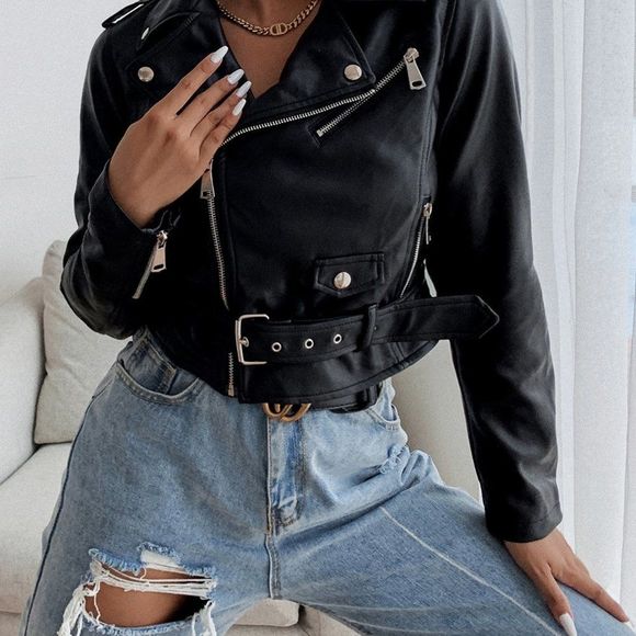 Jackets & Coats | New Notch Neck Zip Front Belted Pu Leather Bomber ...